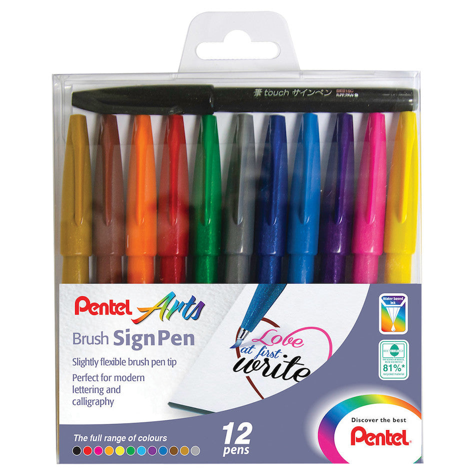 Pentel Touch Brush Sign Pen Set of 12 Original Colours